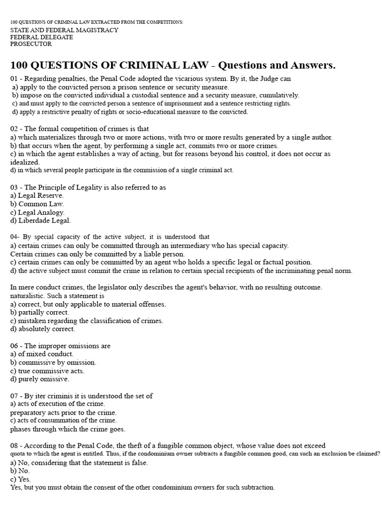 100 Criminal Law Questions & Answers | PDF | Crimes | Crime & Violence