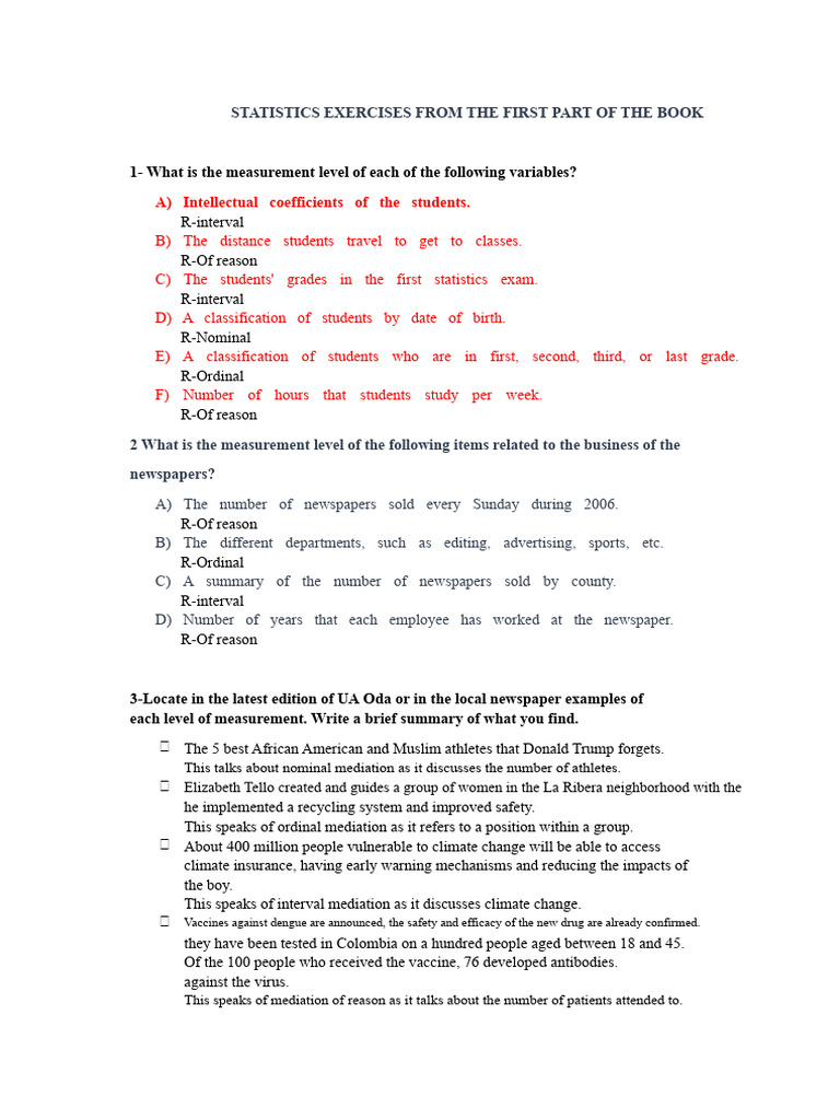 Statistics Exercises From The First Part of The Book | PDF | Statistics ...
