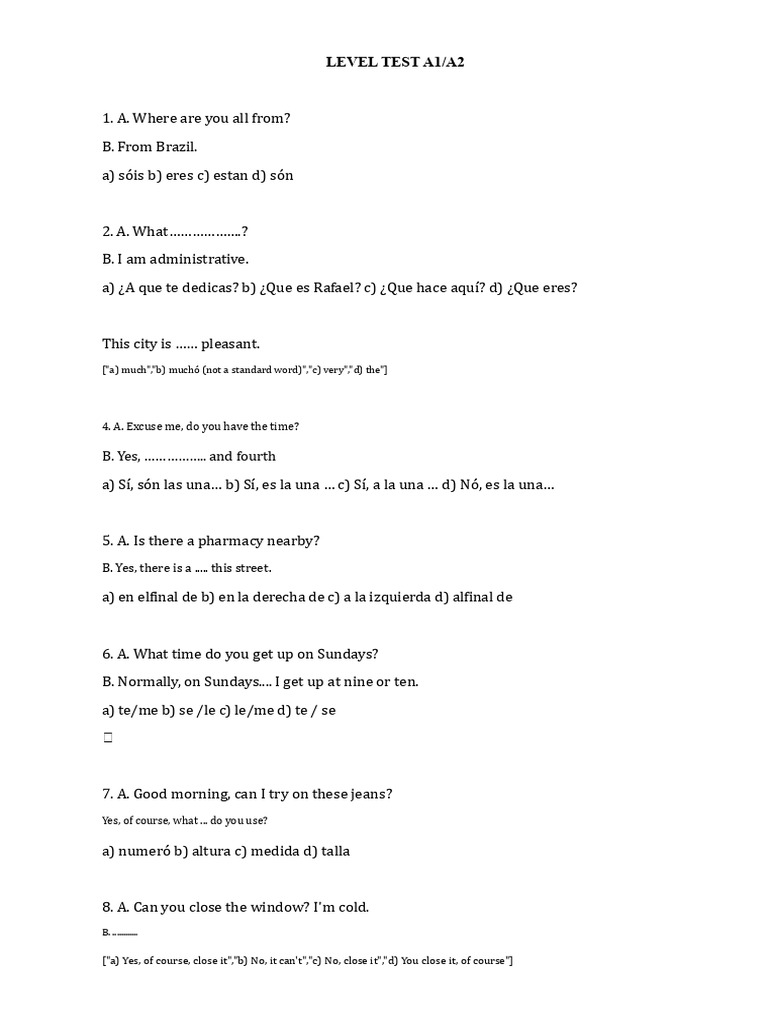 A1-A2 Level Test Spanish | PDF | Language Mechanics | Grammar