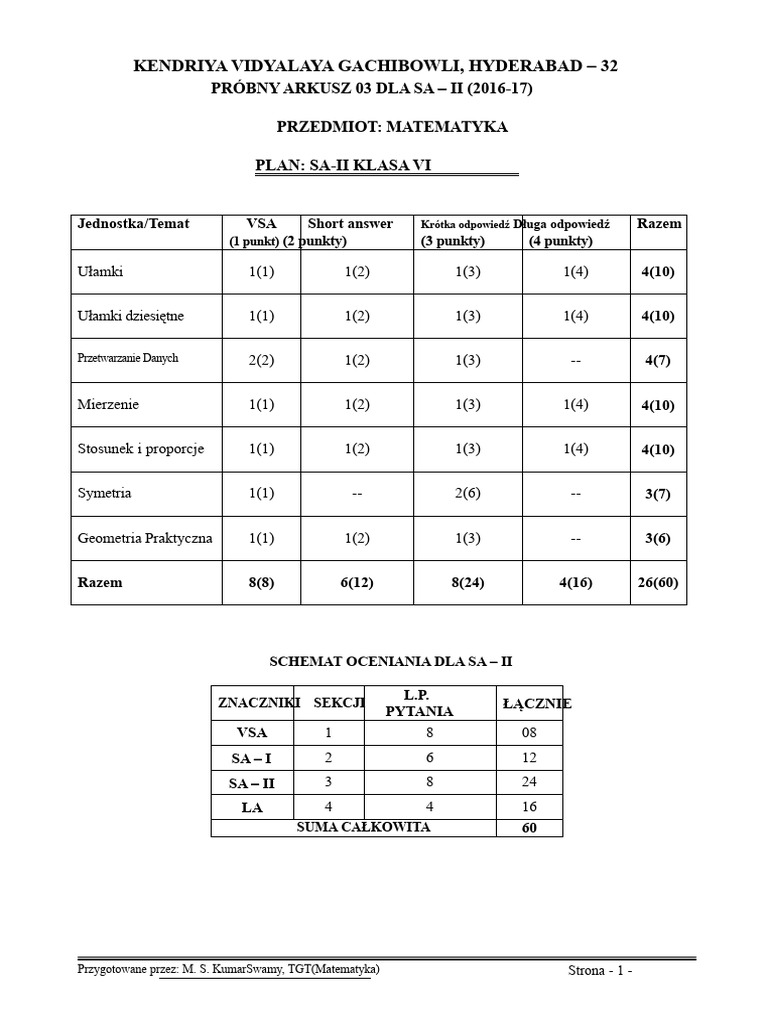 Przykładowy Arkusz Egzaminacyjny Roczny Klasy 6 KV MATEMATYKA | PDF