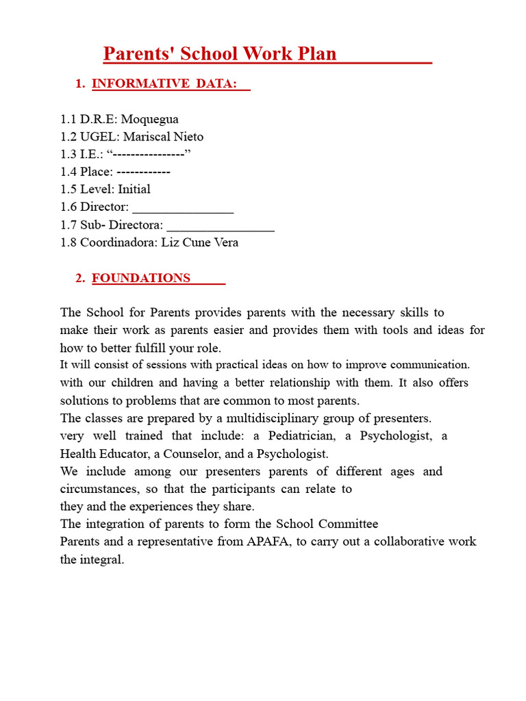Parent School Work Plan Liz | PDF | Communication | Psychological Concepts