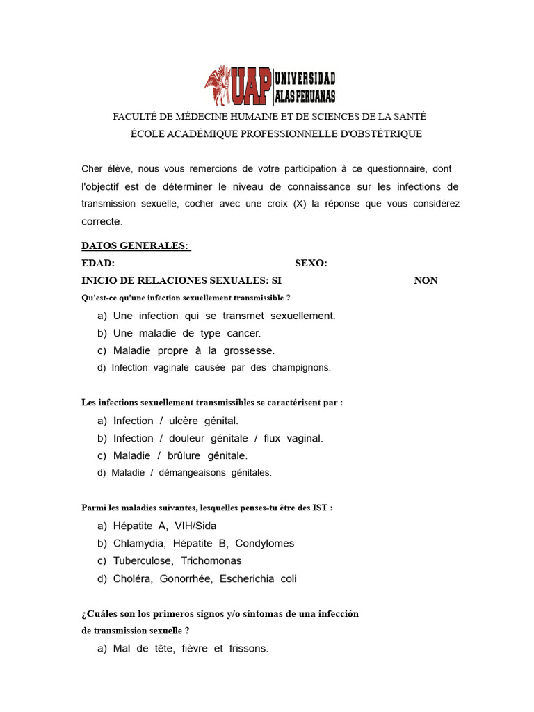Questionnaire sur les IST et leur prévention | PDF | Infection ...