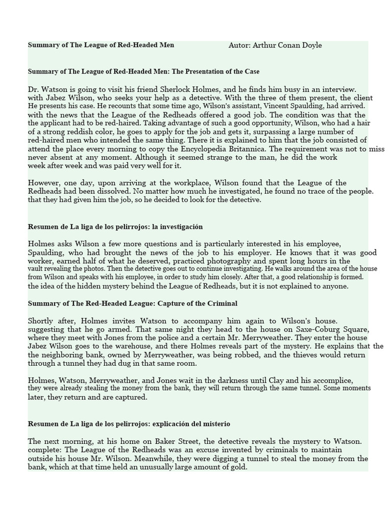 Summary of The Red-Headed League | PDF | The Red Headed League | Arthur ...