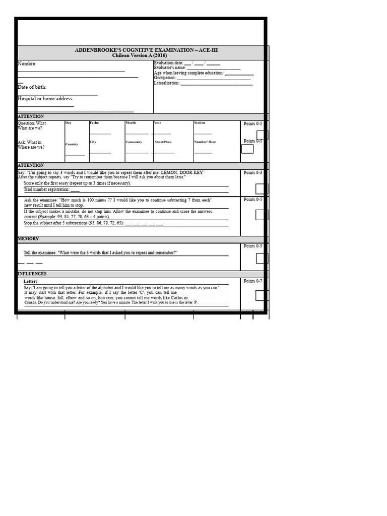 Addenbrooke’s Cognitive Examination ACE-III | PDF | Memory | Cognition