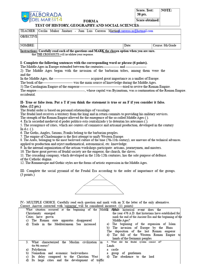 8th Grade Medieval History Test | PDF | Feudalism | Middle Ages