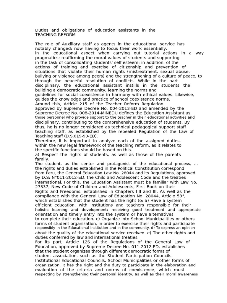 Duties and Obligations of Education Assistants in The Teacher Reform ...