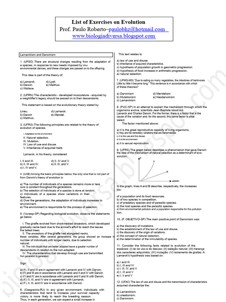 List of Exercises On Evolution | PDF | Natural Selection | Evolution