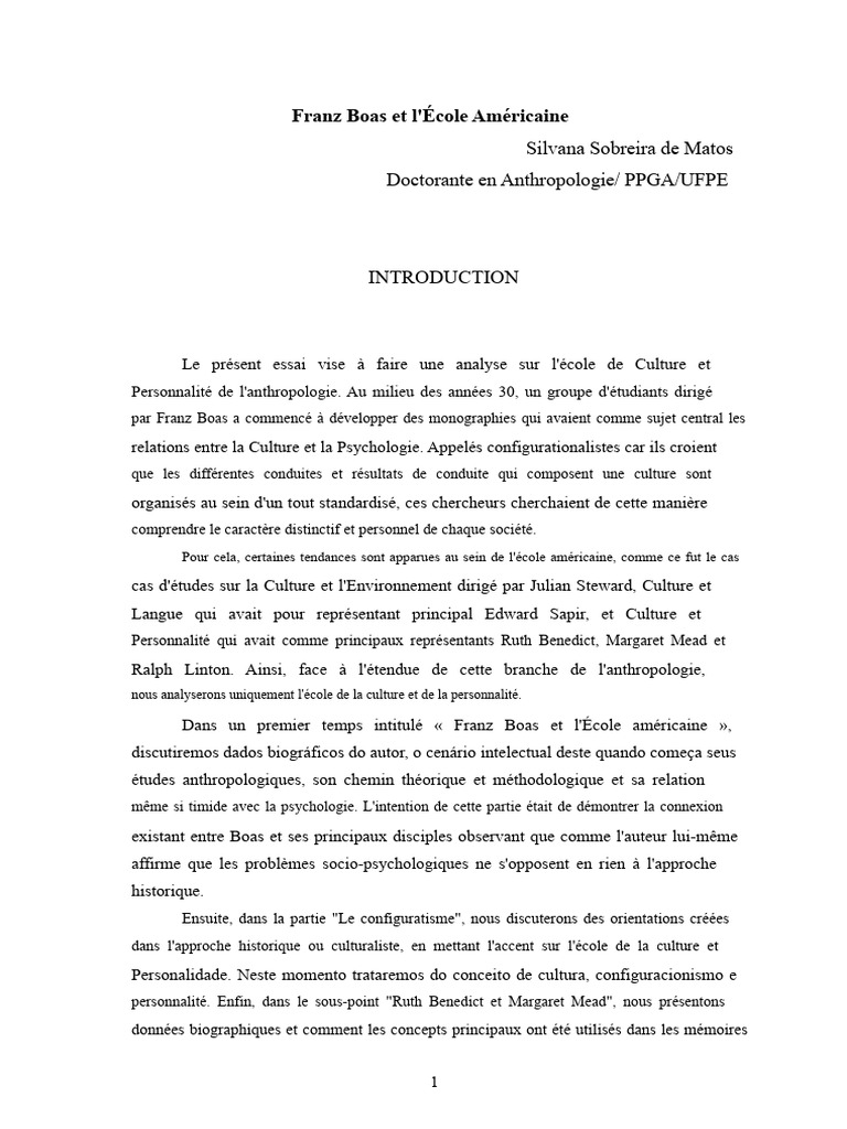 Franz Boas et l'École de Culture et Personnalité | PDF | Psychologie ...