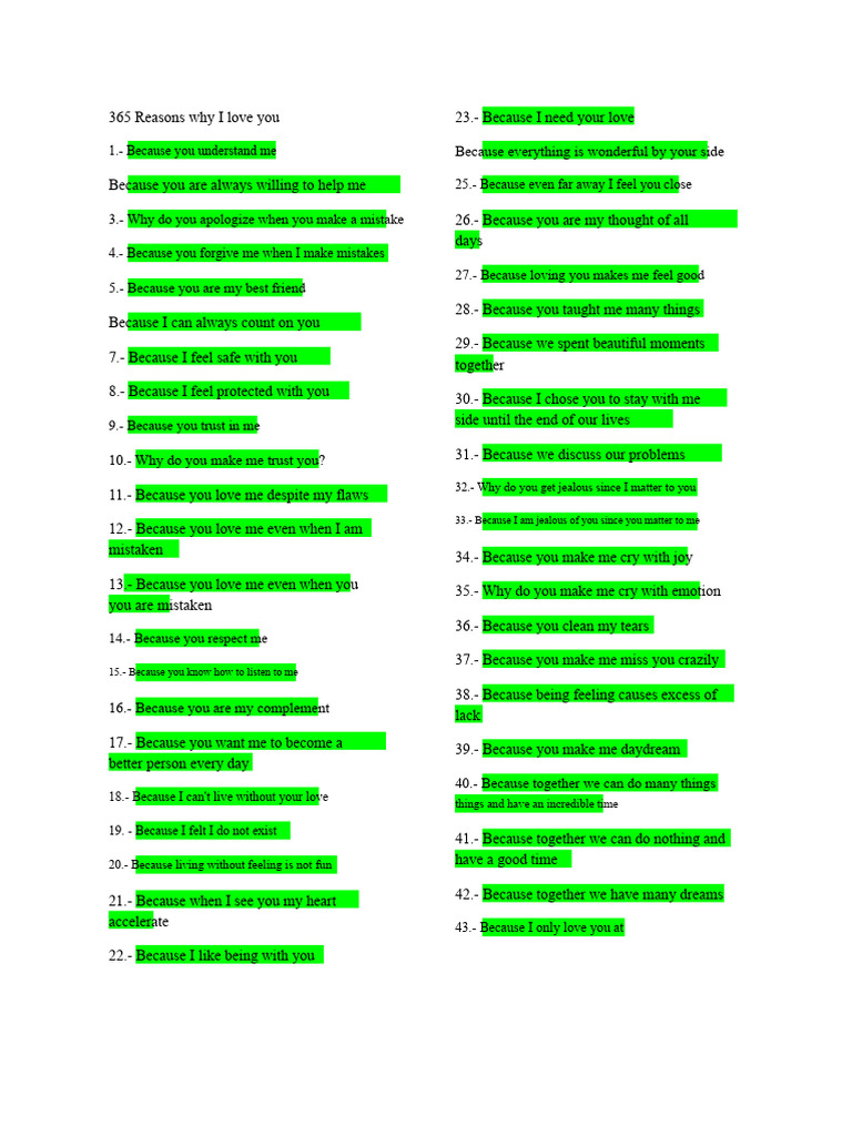365 Reasons I Love You List | PDF | Psychology | Interpersonal ...