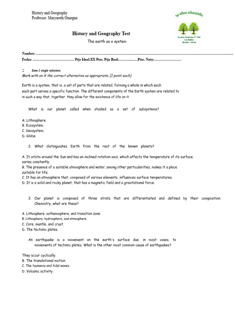 History and Geography Test 7° The Earth As A System | PDF | Plate ...