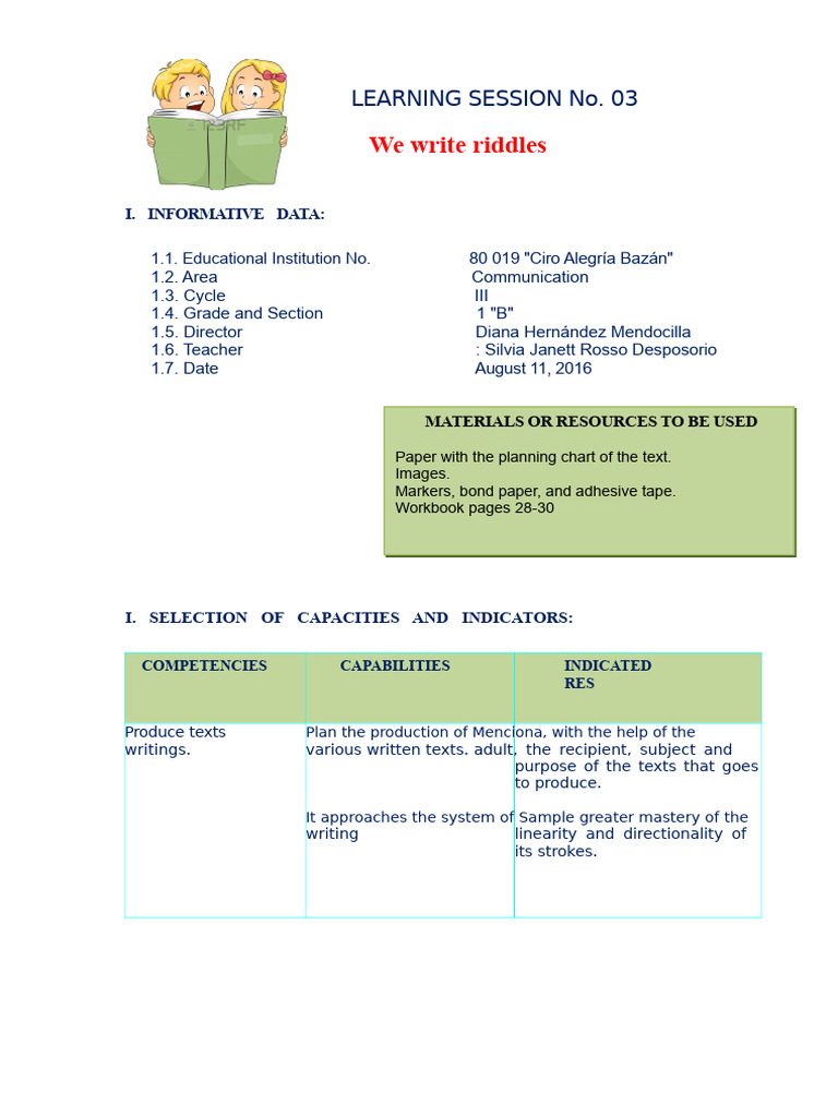 Riddle Writing Session Plan | PDF | Riddle | Human Communication