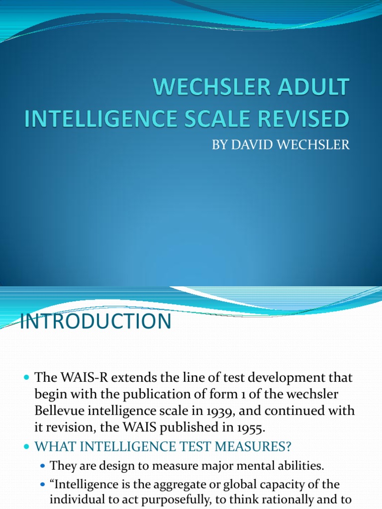 WAIS-R | Wechsler Adult Intelligence Scale | Data Collection | Free 30 ...