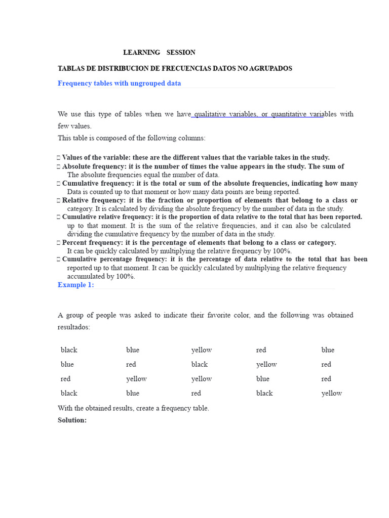 Learning Session Frequency Distribution Tables RSC | PDF