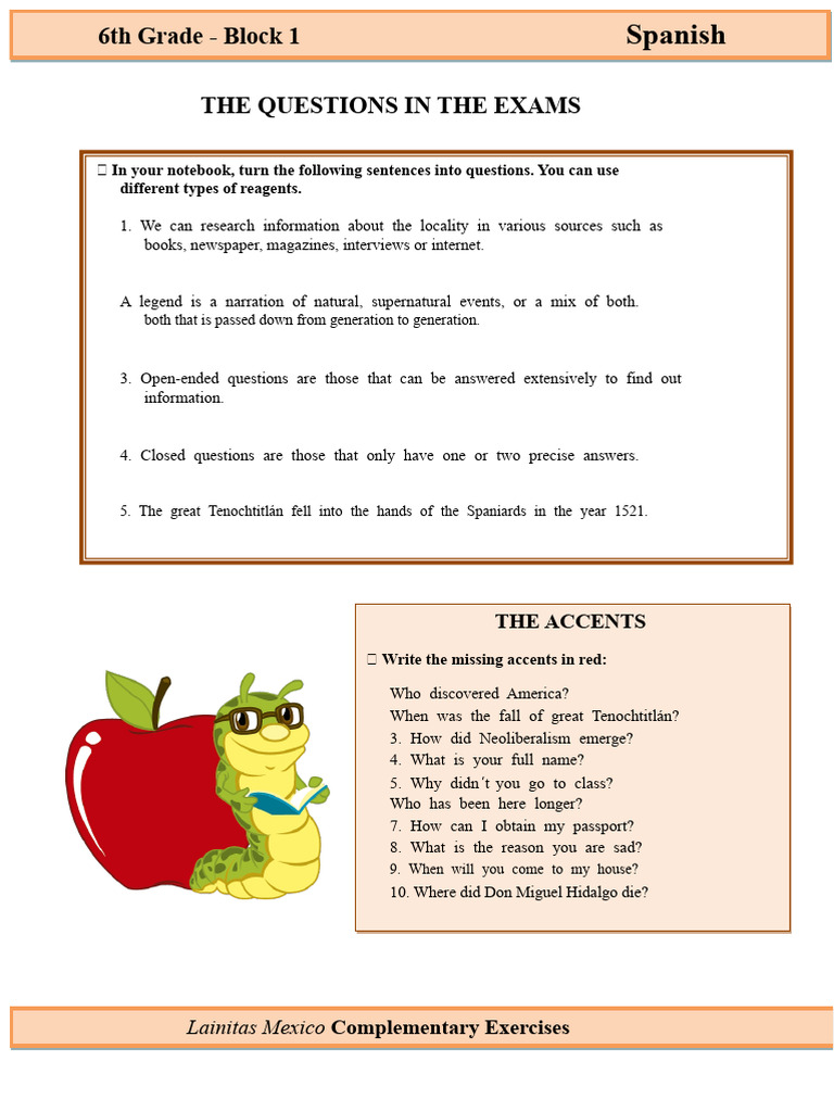 6th Grade Spanish Exam Questions Guide | PDF