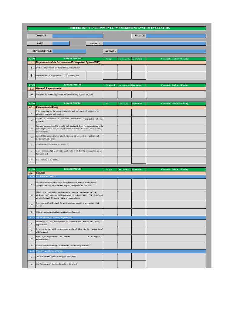 Environmental Management System Checklist | PDF | Audit | Internal Audit