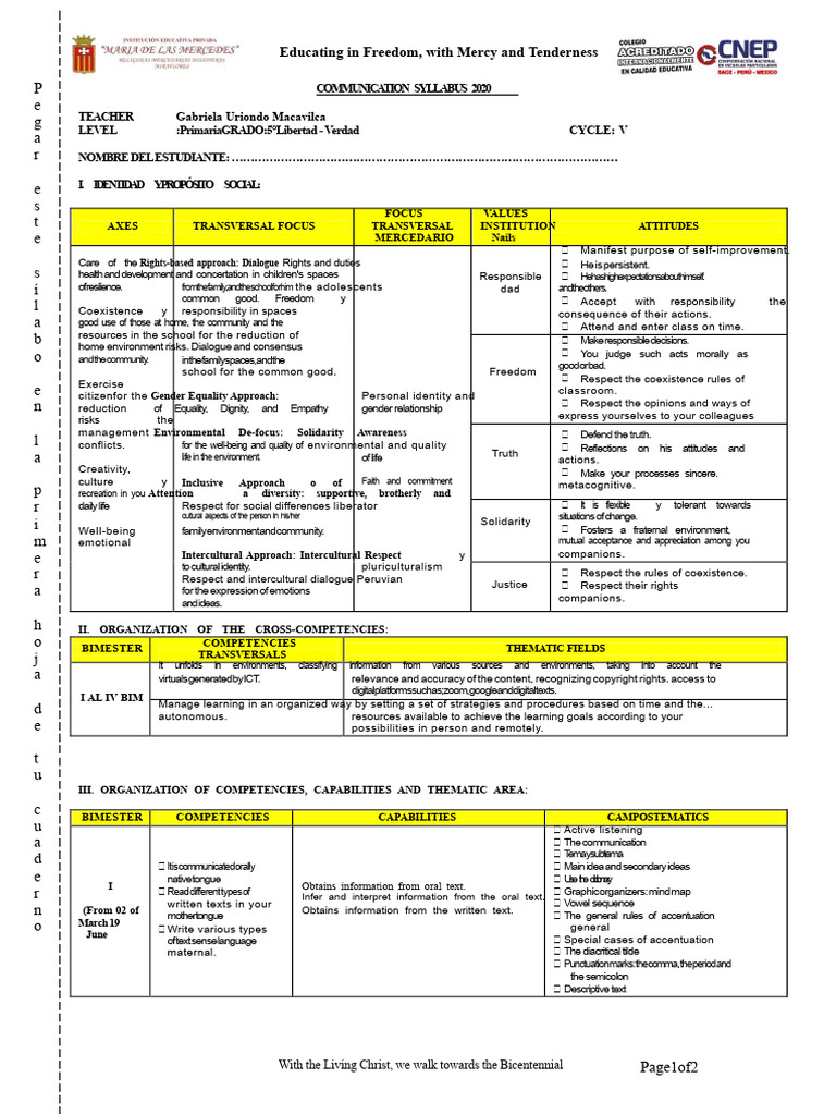 Syllabus According To RVM 093 2020 Communication Area 5th Grade LV | PDF | Well Being | Information