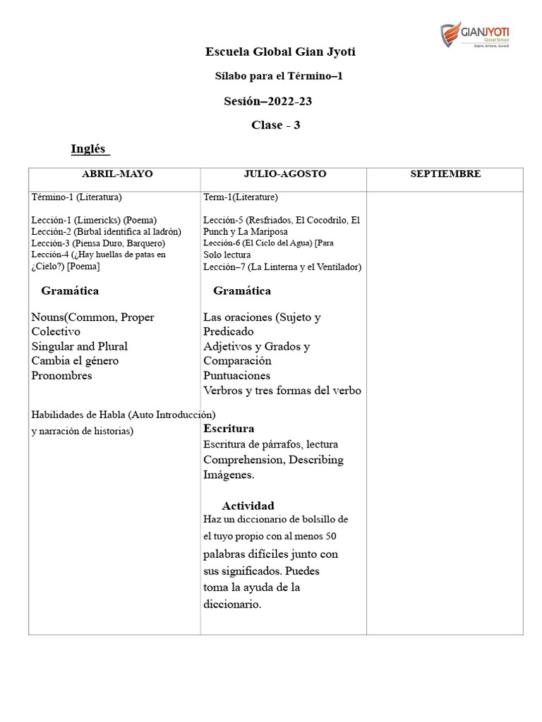 Sílabo de Clases para Término 1 | PDF | Gramática | Lingüística
