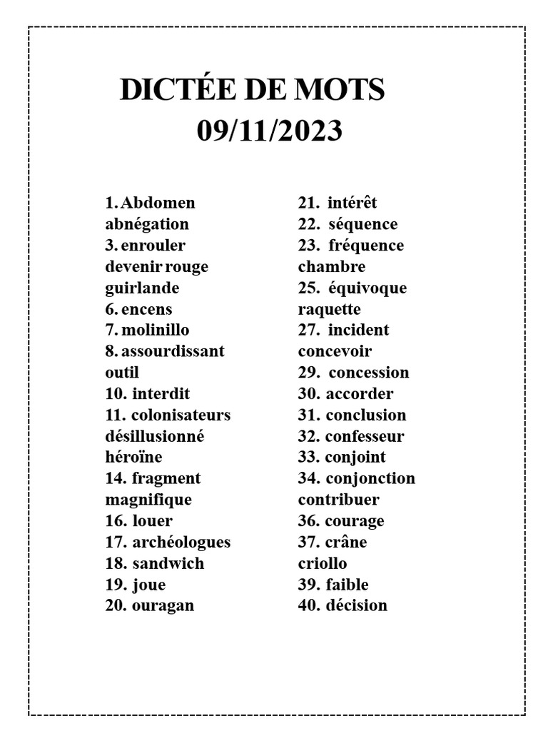 Liste de mots pour dictée 2023 | PDF