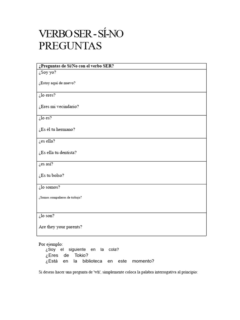 Preguntas de Sí/No con el Verbo SER | PDF