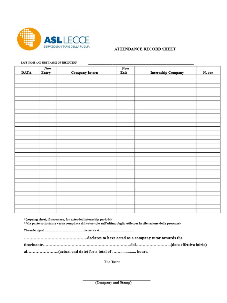 Internship Attendance Record Sheet V1 | PDF