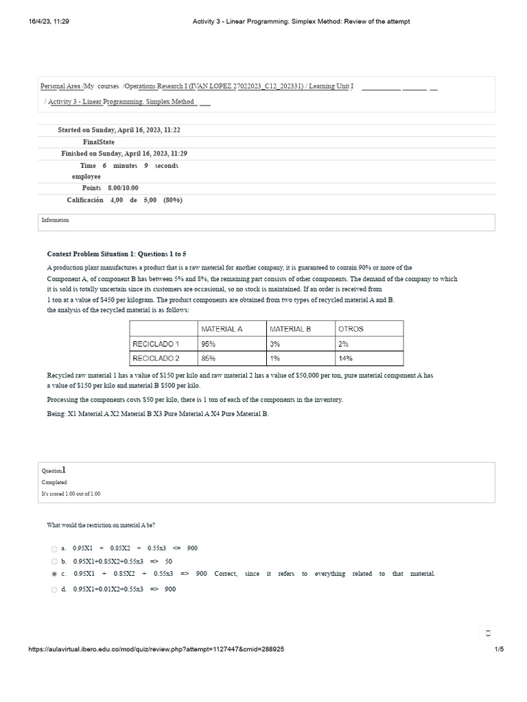 Activity 3 - Linear Programming. Simplex Method - Review of Attempt 3 | PDF | Linear Programming ...
