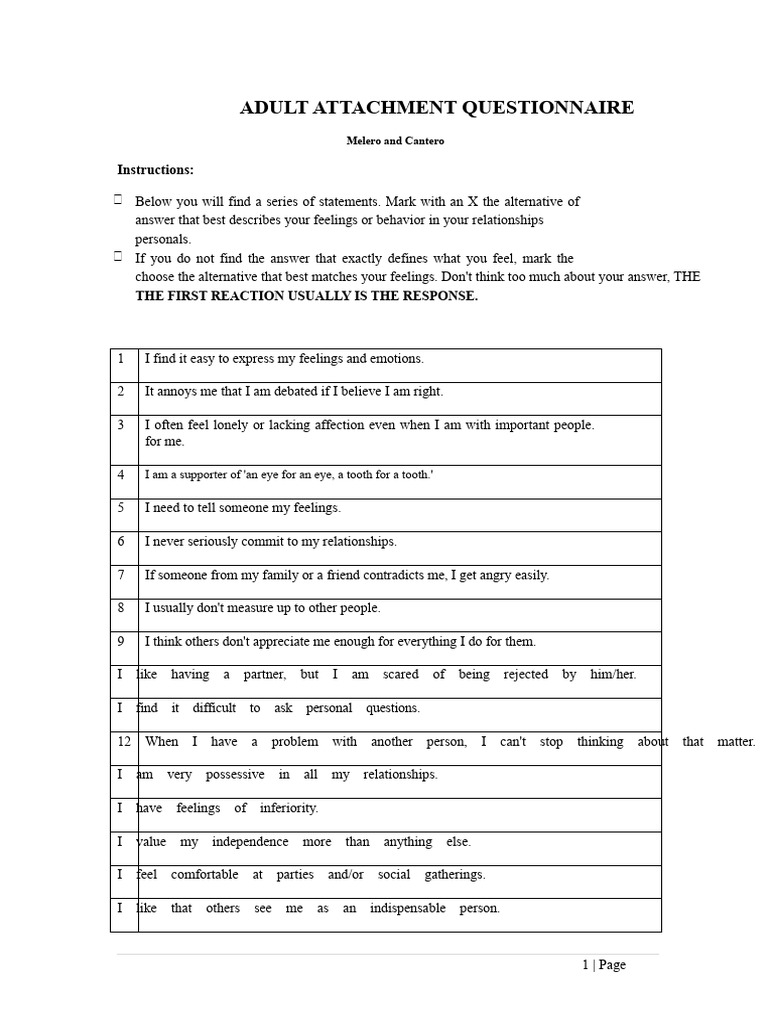 ADULT ATTACHMENT QUESTIONNAIRE Melero and Cantero | PDF | Attachment ...