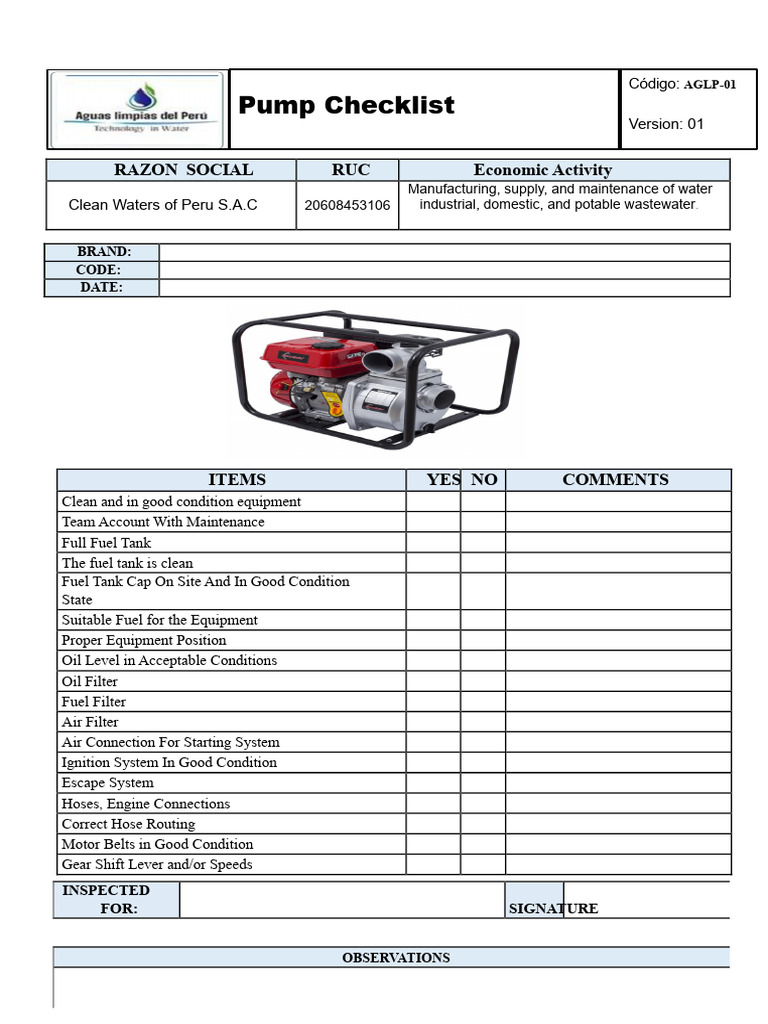 Pump Maintenance Checklist AGLP-01 | PDF