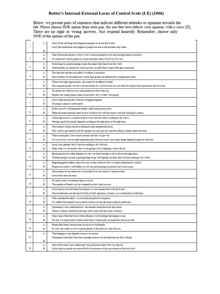 Rotter's Locus of Control Scale - Revised | PDF | Luck | Behavioural Sciences