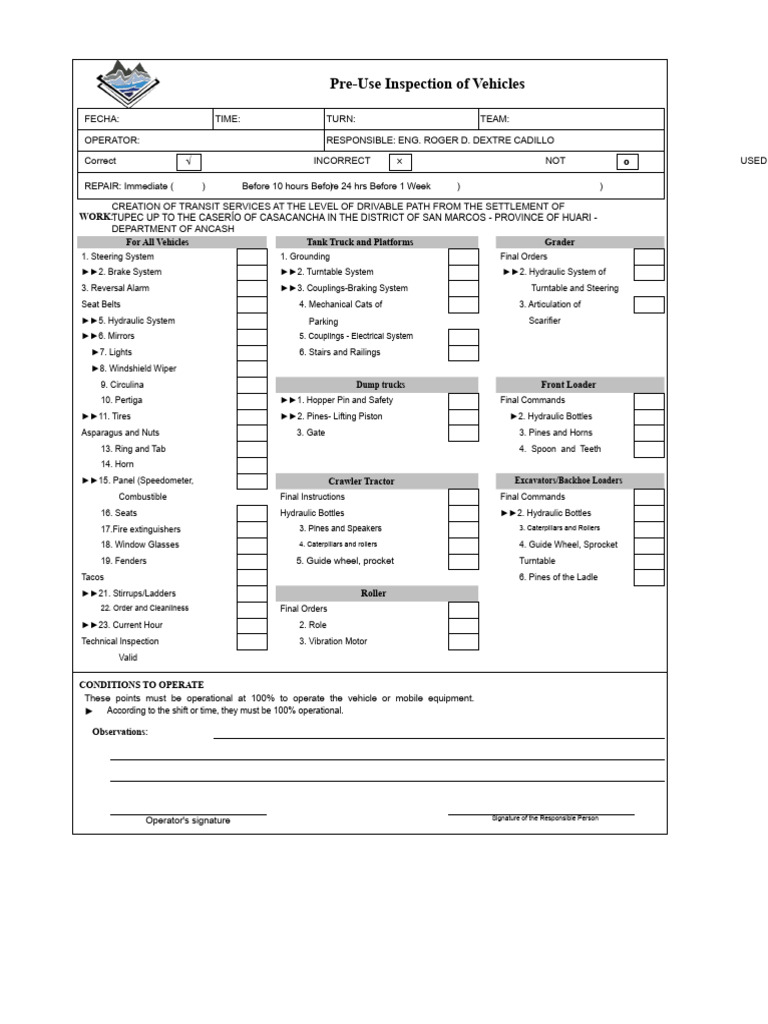Pre-Use Vehicle Inspection Format | PDF | Loader (Equipment) | Vehicles