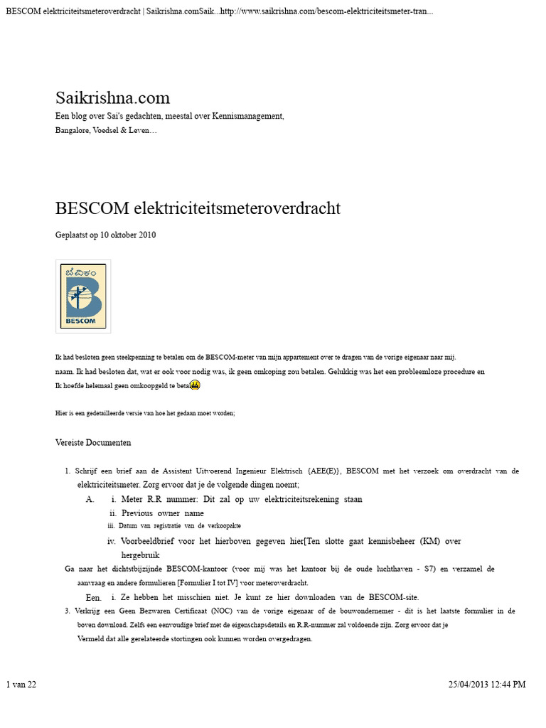 Elektriciteitsmeter Conversieproces - BESCOM PDF | PDF