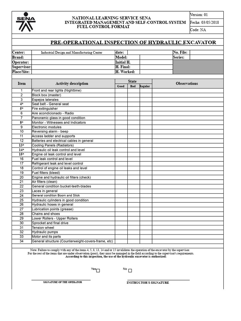 Hydraulic Excavator Pre-Operational Checklist | PDF | Engines | Motor Oil