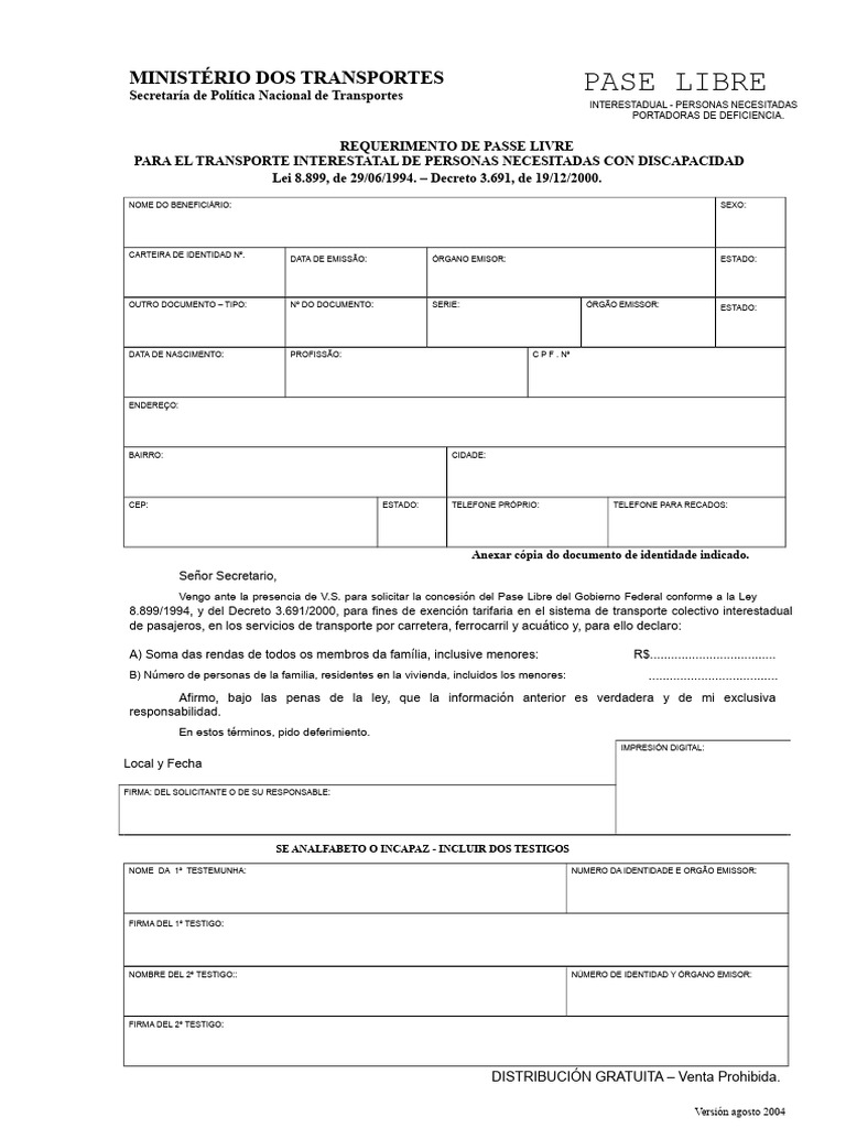 Solicitud de Pase Libre para Discapacitados | PDF