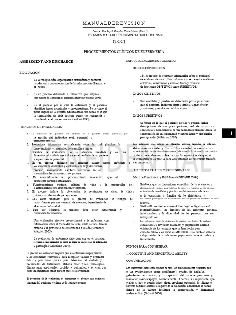 MANUAL DE REVISIÓN CBT_Fuente Procedimientos Clínicos de Enfermería Royal Marsden_Parte 1 | PDF ...