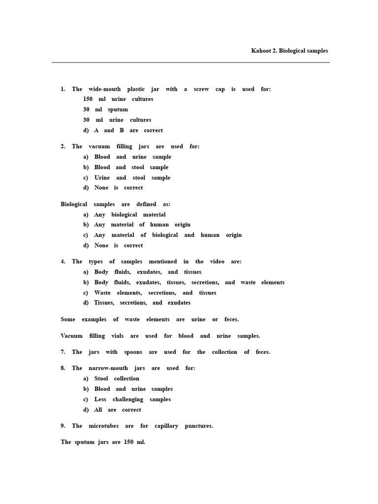 Kahoot 2. Biological Samples | PDF | Cerebrospinal Fluid | Blood