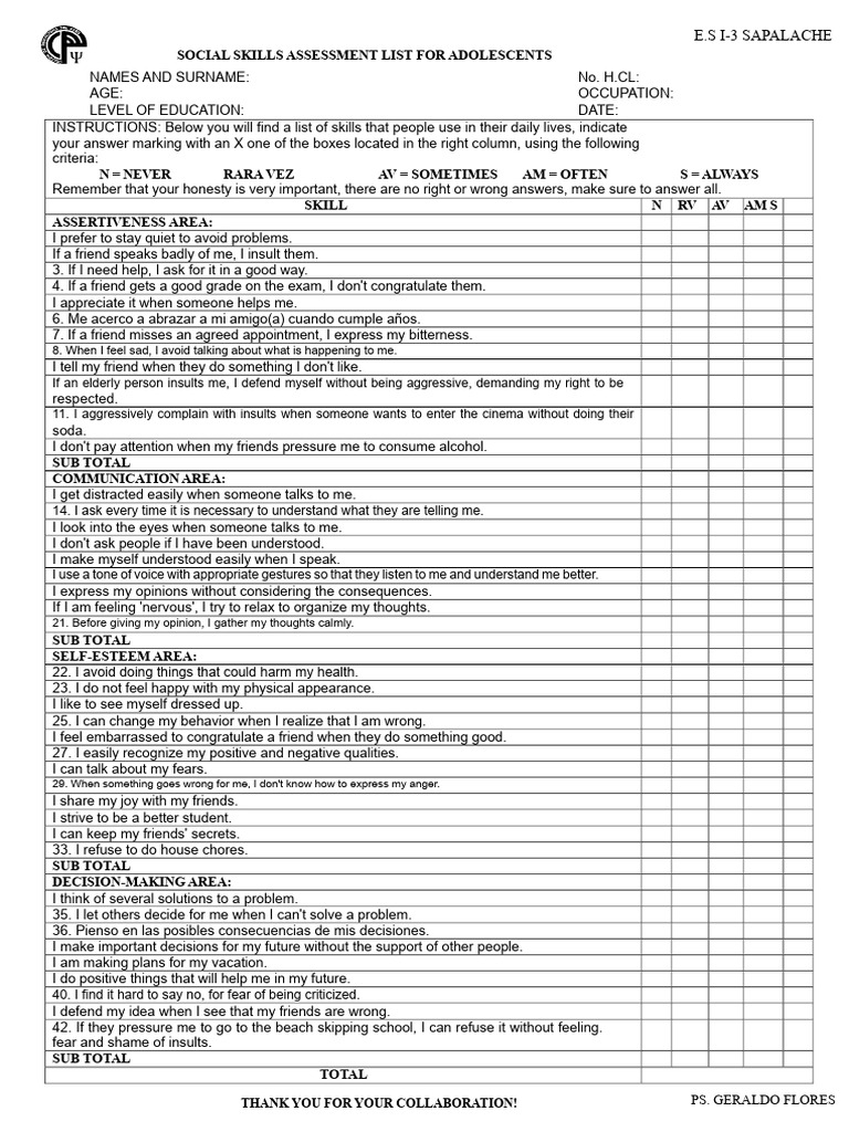 Adolescent Social Skills Assessment | PDF | Thought | Behavioural Sciences