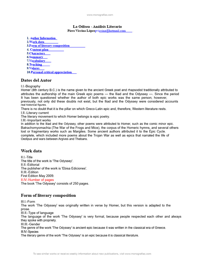 Literary Analysis of The Odyssey | PDF | Odysseus | Odyssey