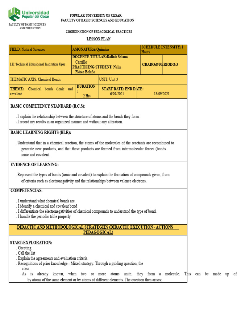 Lesson Plan on Chemical Bonds | PDF | Chemical Bond | Chemical Polarity