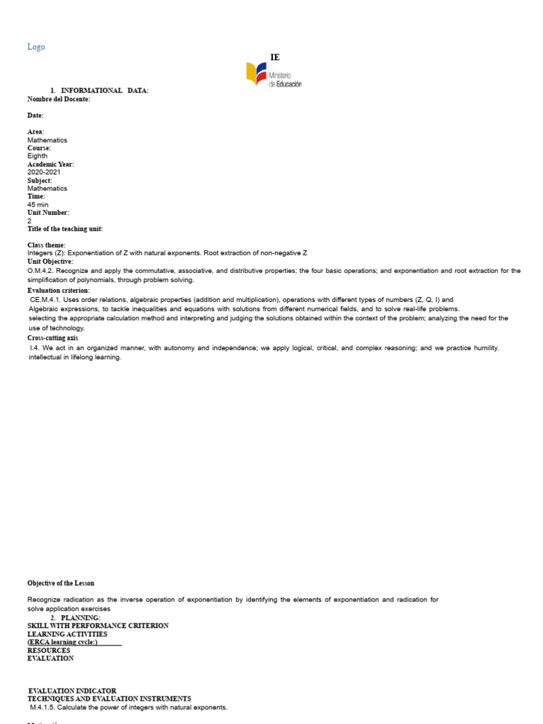 Mathematics Plan Model Exponents Pdf Exponentiation Exponential