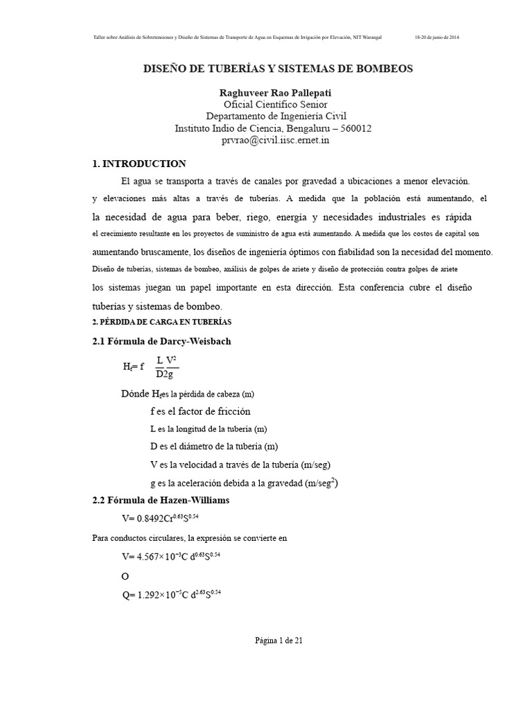 Diseño de Tuberías y Sistemas de Bombeo | PDF | Agua | Riego