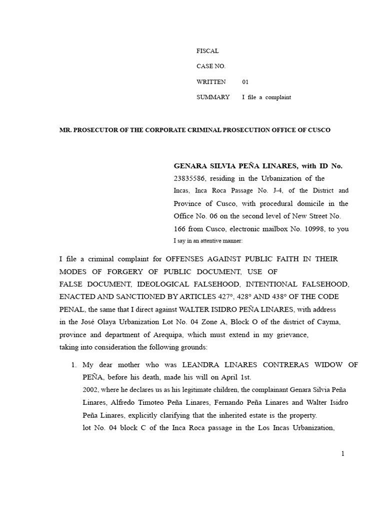 Complaint Model Written by Party - Crime of Document Forgery | PDF ...