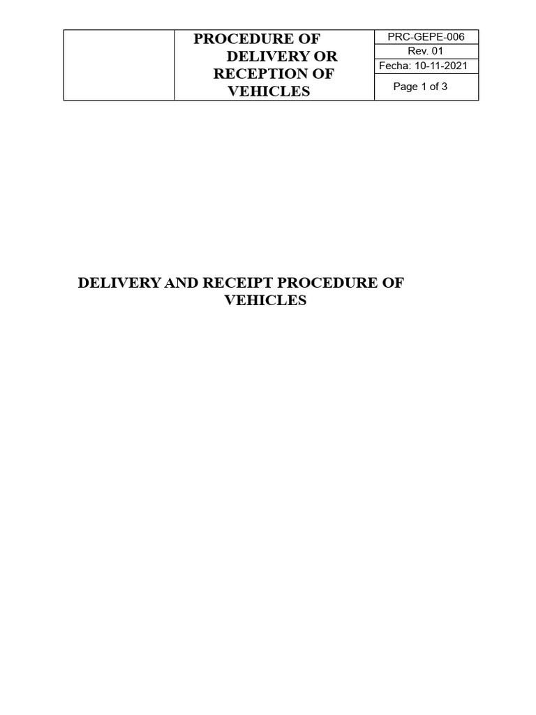 PRC-GEPE-006 Vehicle Delivery and Reception Procedure | PDF