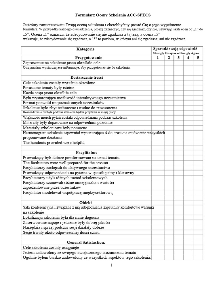 Formularz Oceny I Ewaluacji Szkolenia | PDF