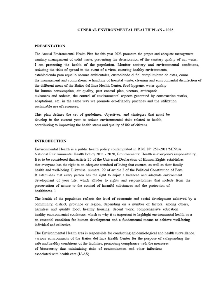 Environmental Health Plan 2023 | PDF | Drinking Water | Hygiene