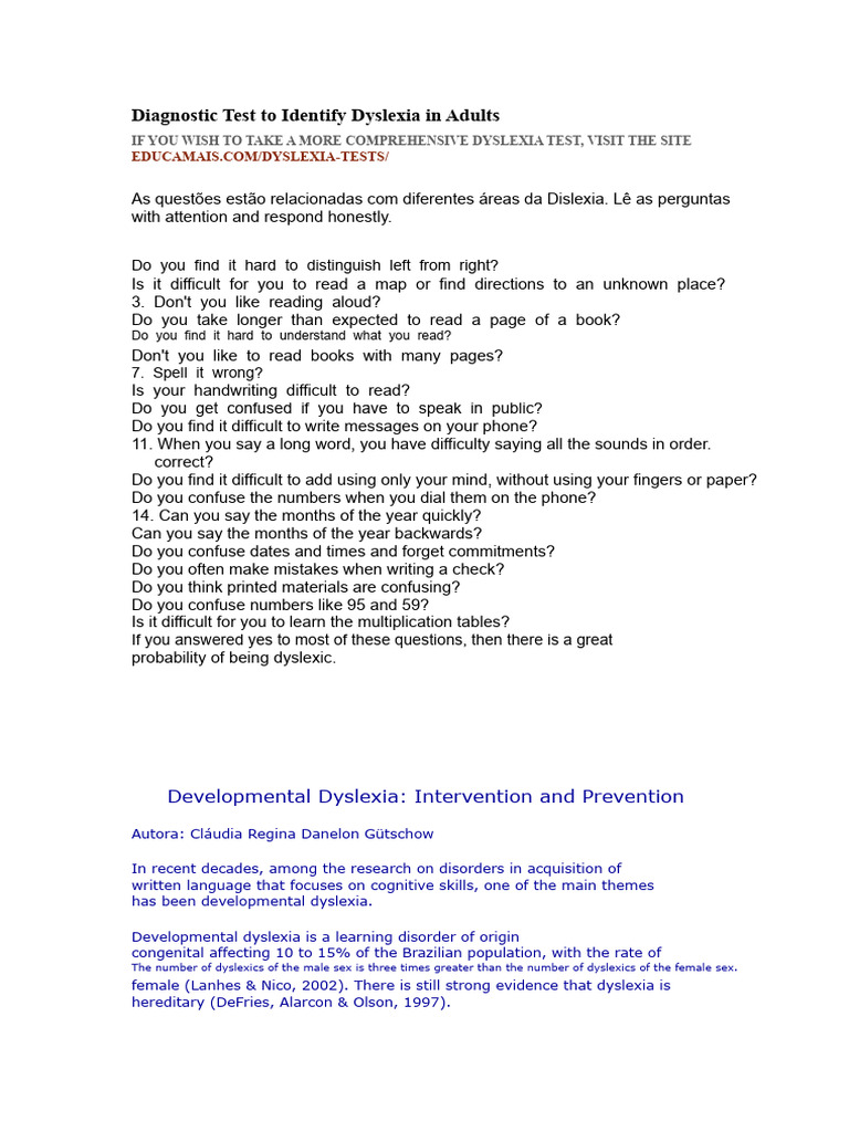 Dyslexia Diagnostic Test for Adults | PDF | Dyslexia | Learning Disability