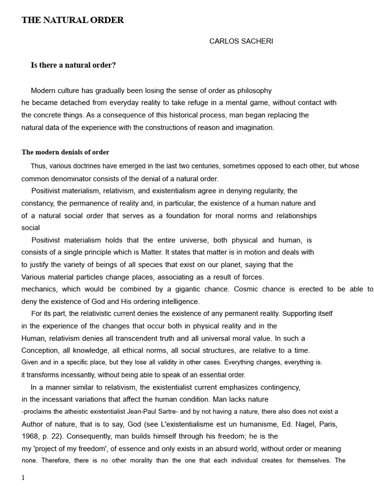 The Natural Order (I - II - Sacheri) | PDF | Natural Law | Existentialism
