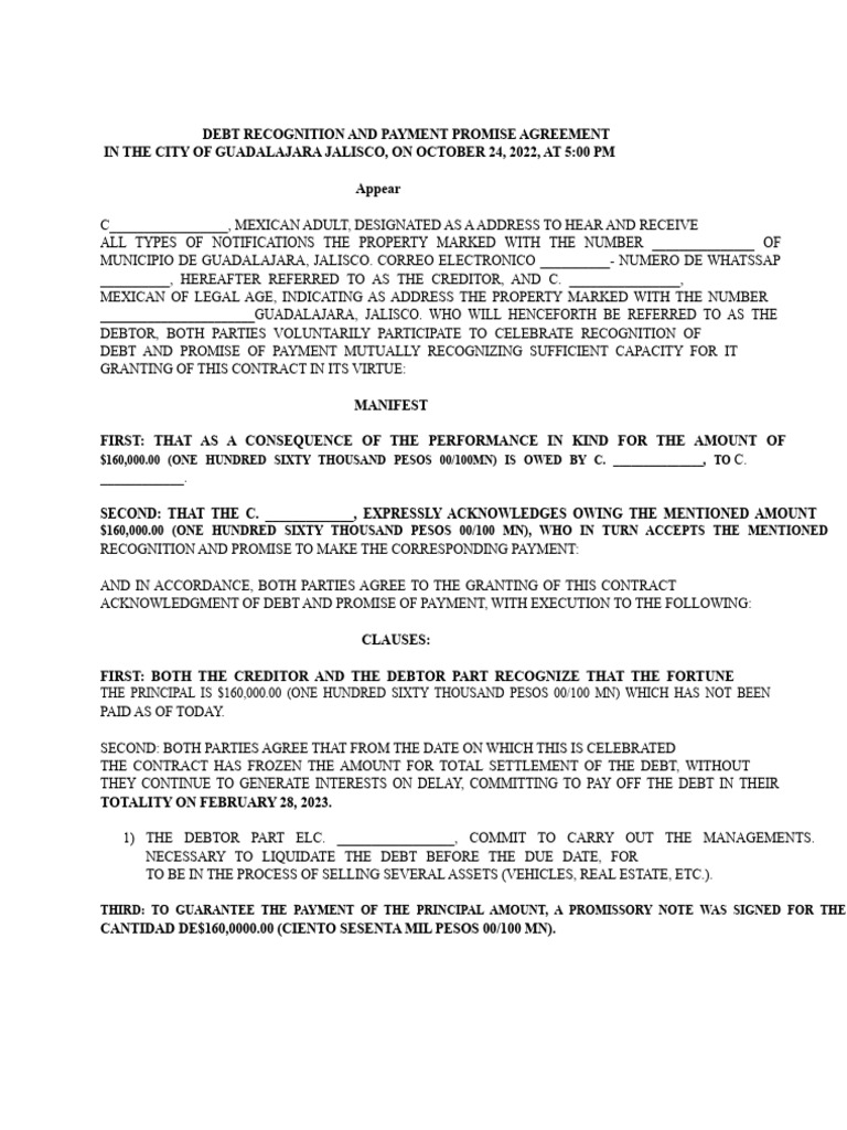 Debt Recognition Agreement Guadalajara | PDF | Debtor | Debt