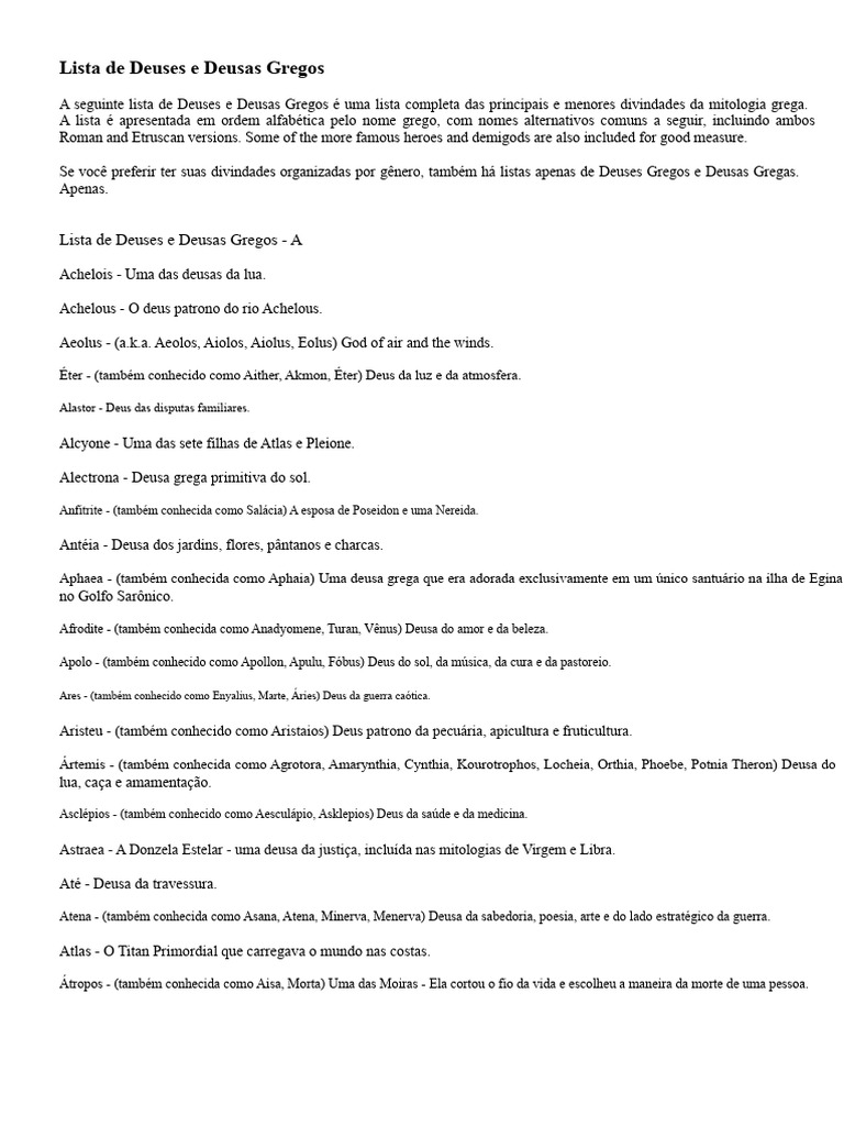 Deuses e Deusas da Mitologia Grega | PDF | Mitologia grega | Zeus