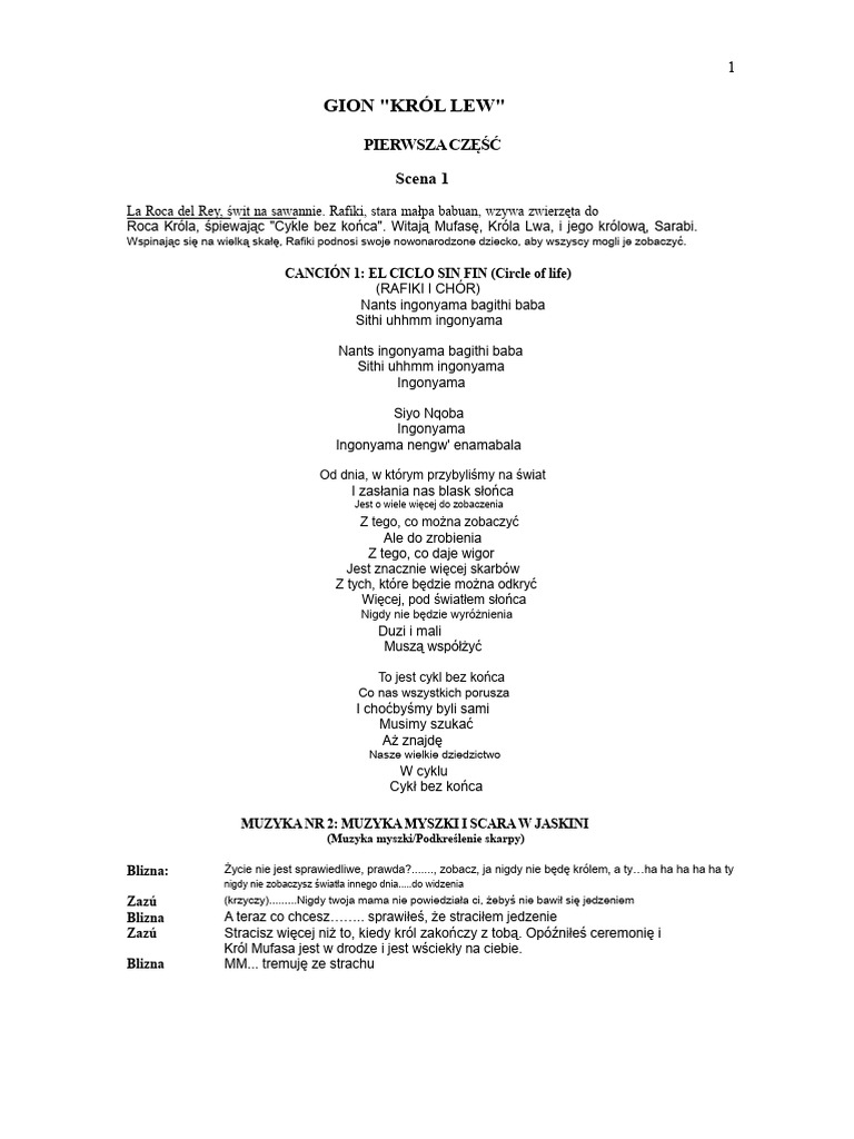 Scenariusz Król Lew | PDF