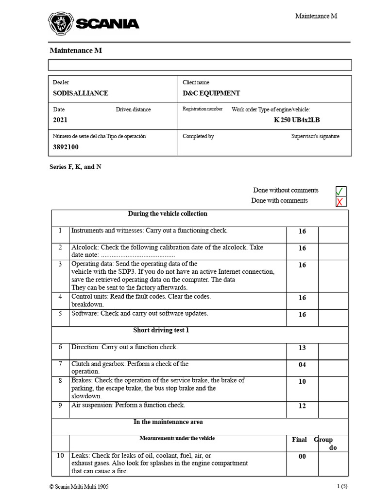 PM Check List M K-250 Scania Diesel | PDF | Brake | Vehicles