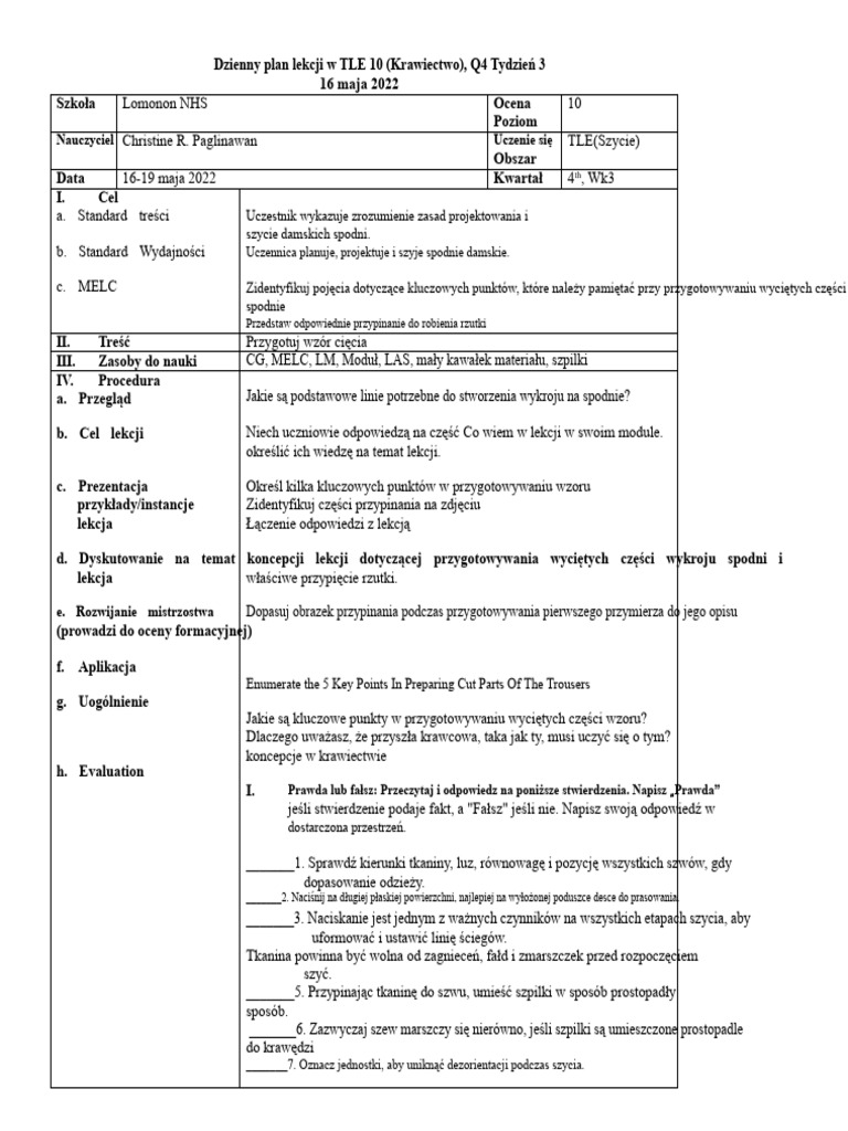 Codzienny Plan Lekcji W TLE 10 Szycie | PDF